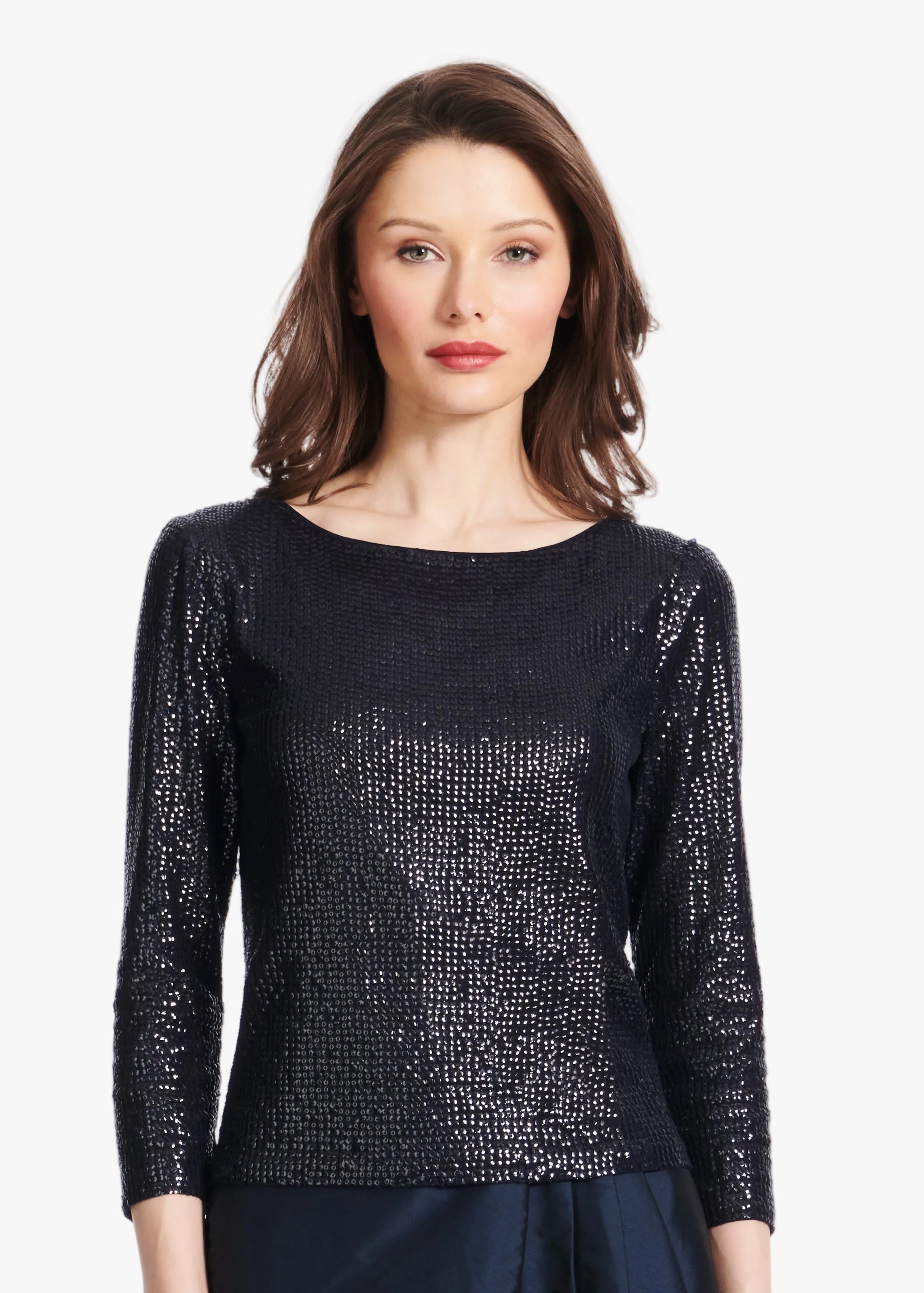 STRETCH SEQUIN 3/4 SLEEVE BALLET NECK TOP NAVY | Emily Shalant