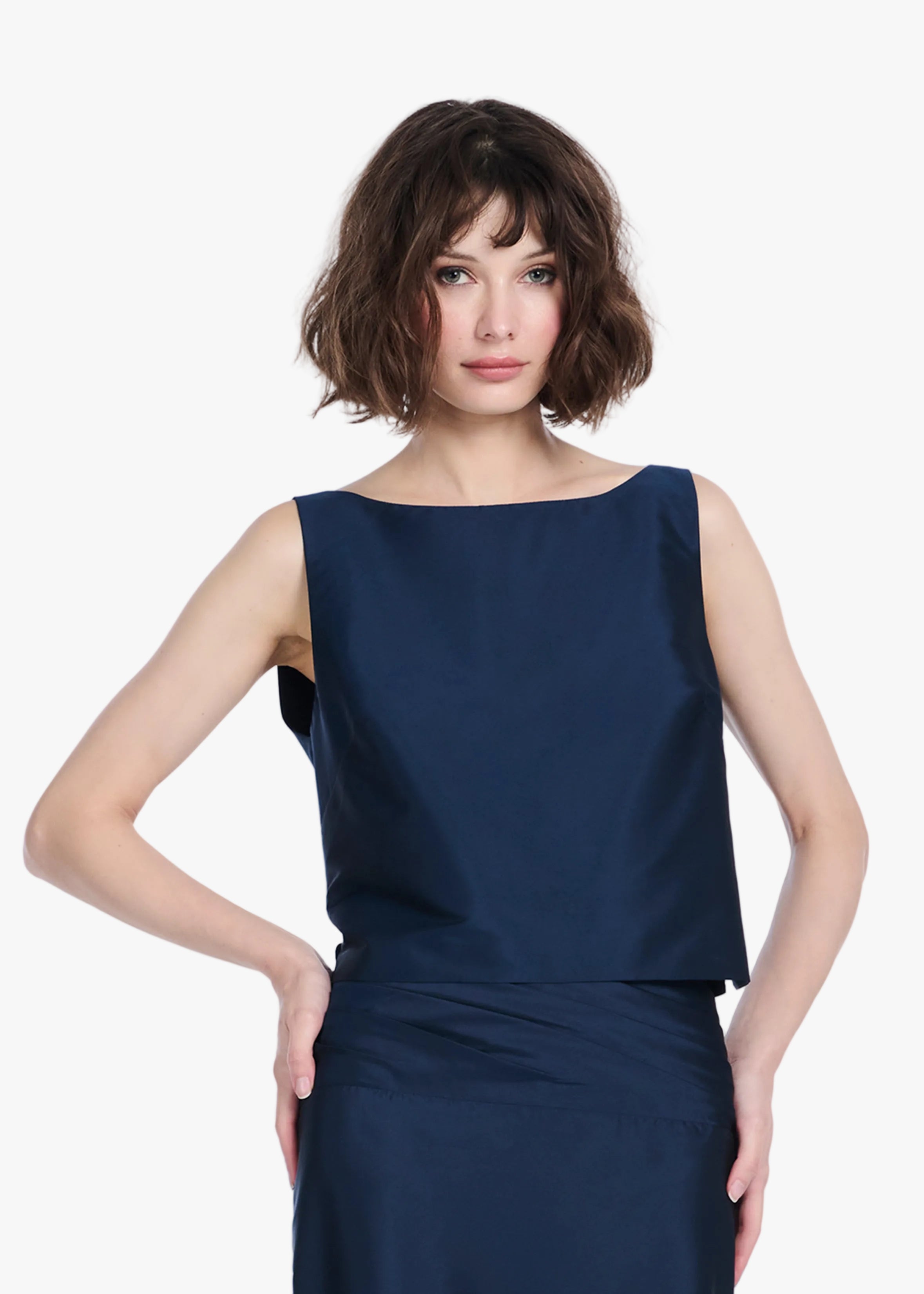 TAFFETA BOAT NECK SHELL NAVY | Emily Shalant